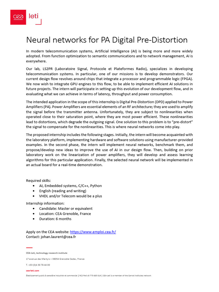 Stage CEA LETI Neural Networks for PA Digital Pre Distortion | PDF