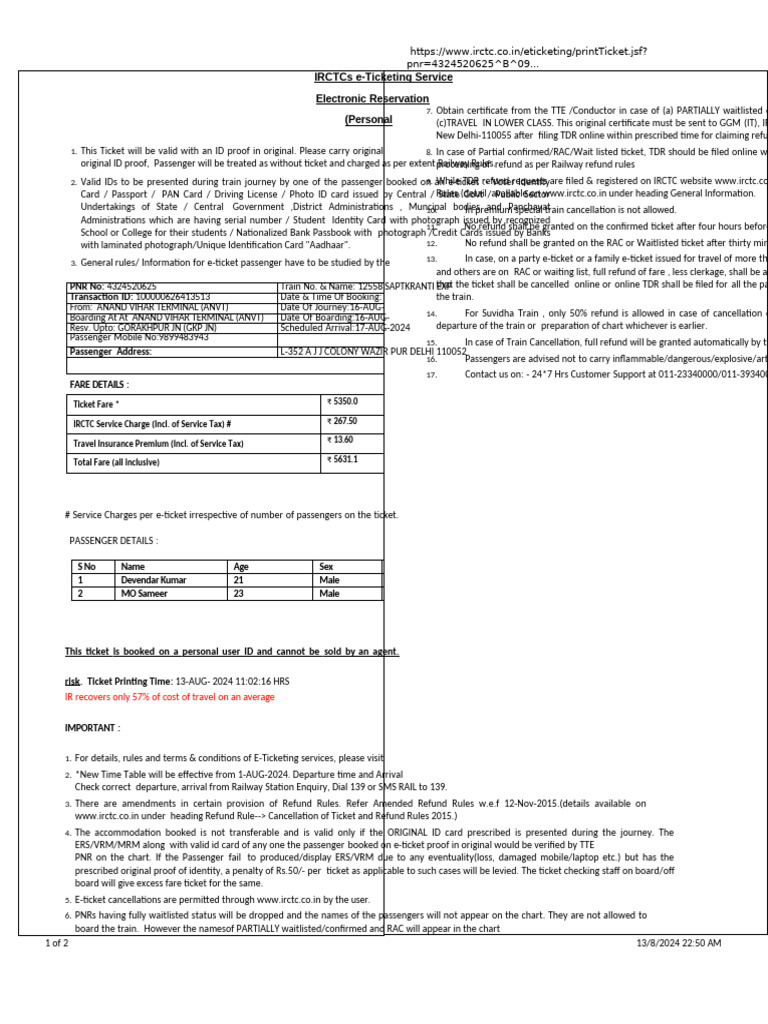 Irctc Ticket | PDF
