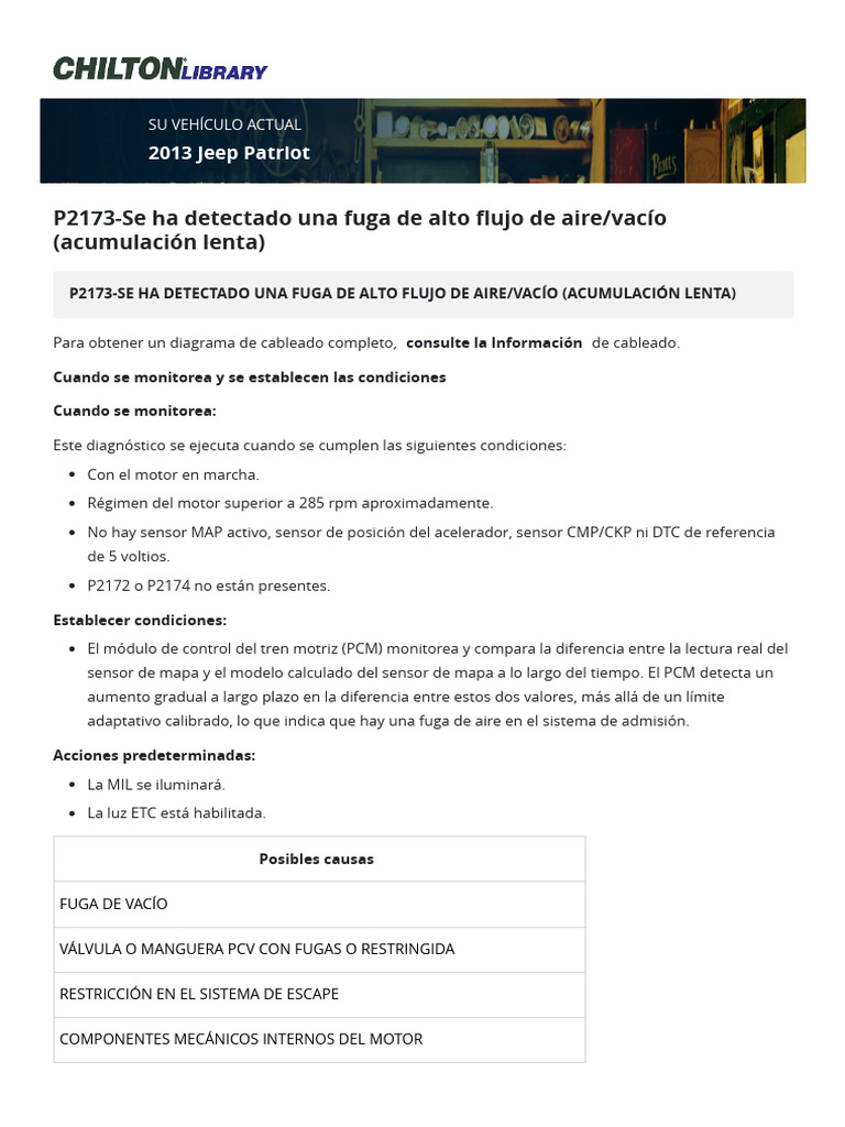 2013 Jeep Patriot P2173-Se Ha Detectado Una Fuga de Alto Flujo de Aire ...