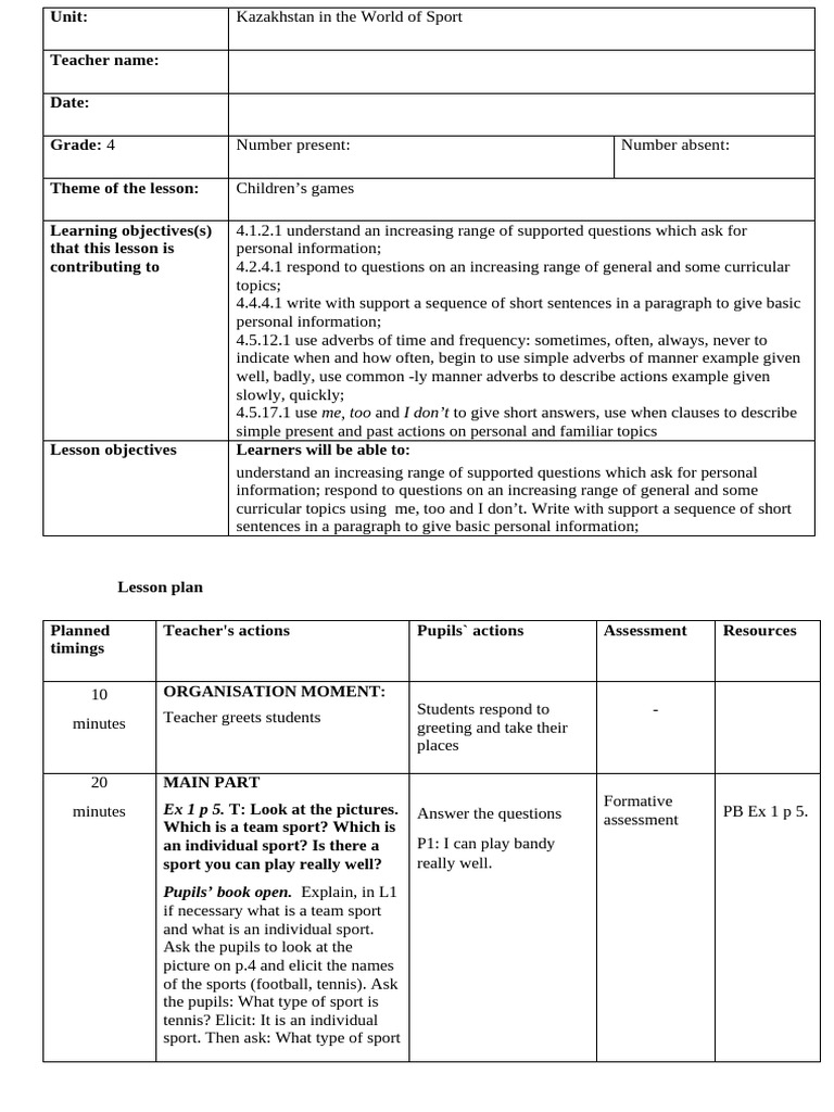 Lesson Plan 4grade | PDF