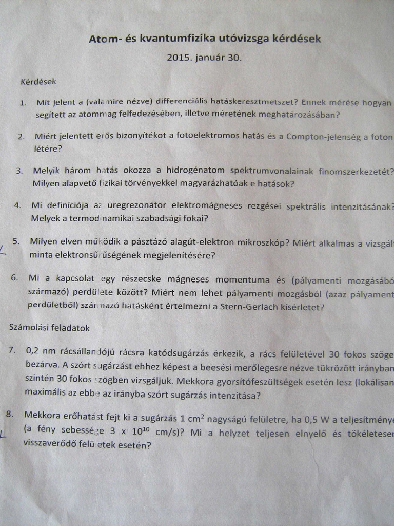 2015.01.30. Atom - És Kvantumfizika Vizsga (Elte TTK, Fizika Szak) | PDF