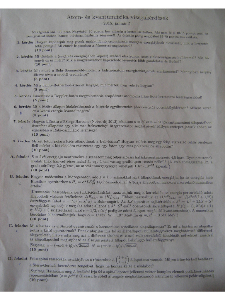 2015.01.05. Atom - És Kvantumfizika Vizsga (Elte TTK, Fizika Szak) | PDF