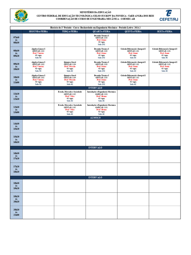 Horário Eng Mec 2024-2 Atualizado 31-08 Versão Site | PDF