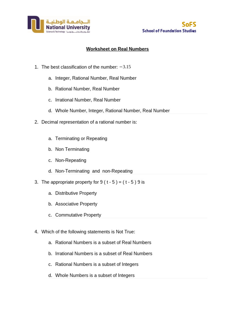 Worksheet On Real Numbers | PDF