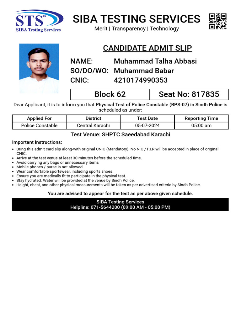 Siba Testing Services: Candidate Admit Slip | PDF