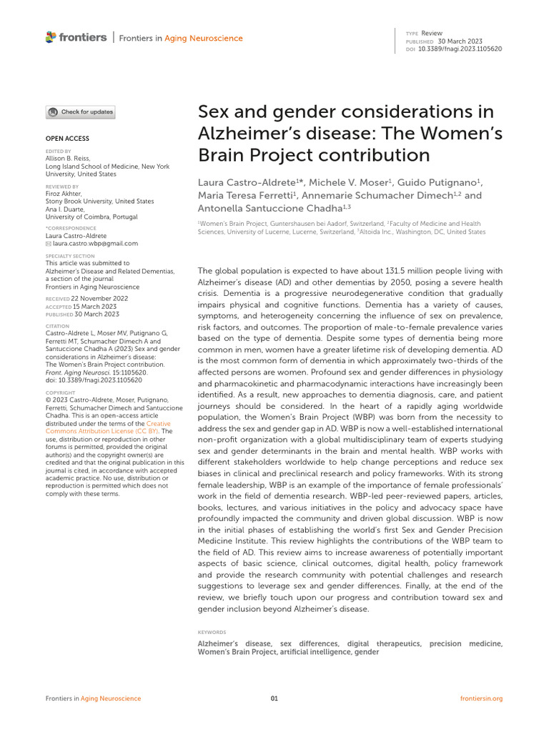 Sex And Gender Considerations In Alzheimers Disease The Womens Brain Project Contribution Pdf