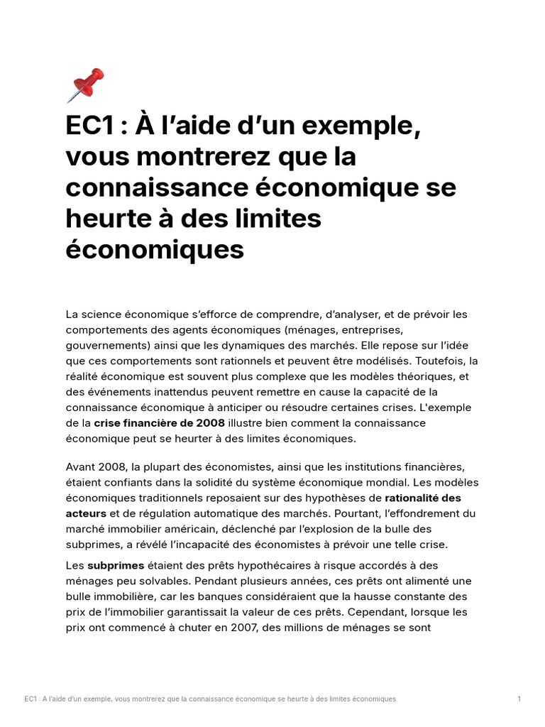 EC1 Laide Dun Exemple Vous Montrerez Que La Connaissance Conomique Se ...