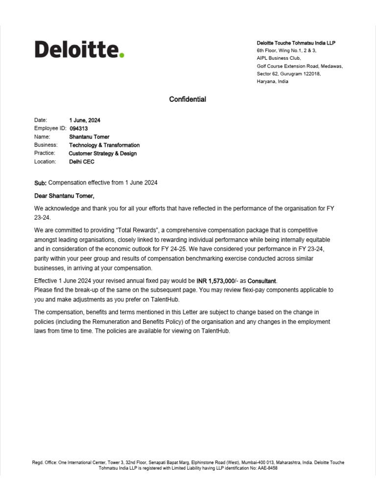 Tomer Shantanu SHTOMER Compensation Letter FY2024 | PDF