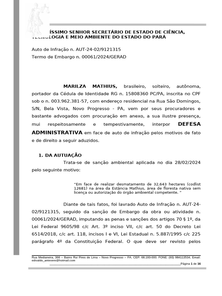 Defesa Administrativa Semas Aut 24 02 9121315 Marilza Mathius | PDF