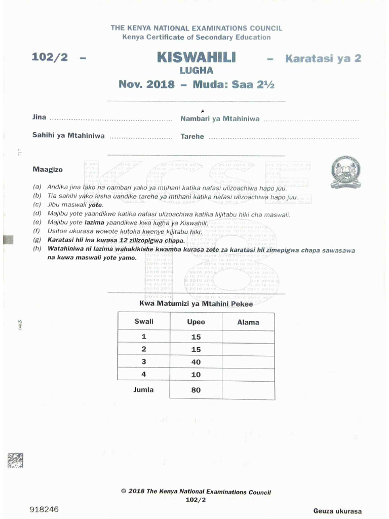 KCSE 2018 KNEC Kisw pp2 | PDF