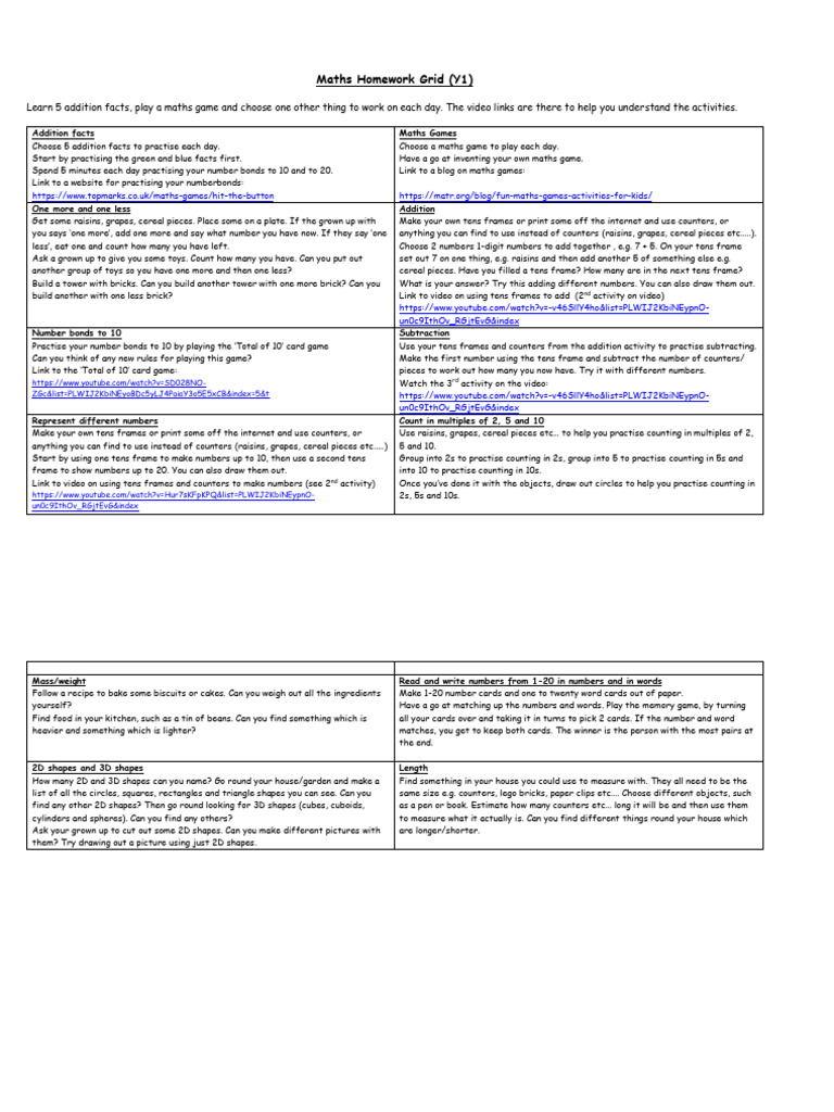 Maths Homework Grid | PDF
