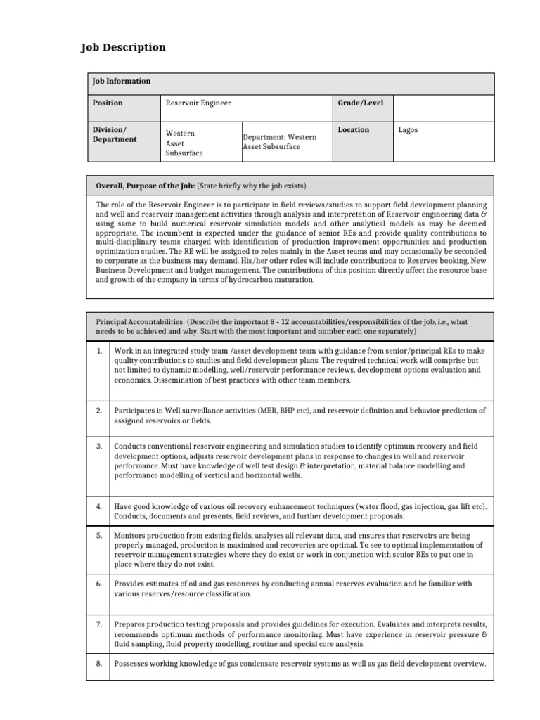 JD - Reservoir Engineer - Seplat | PDF