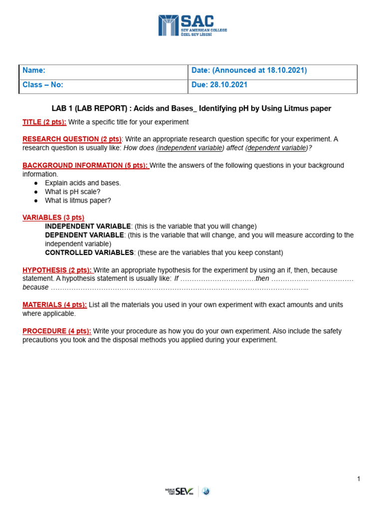 Inorganic Molecules - Acids and Bases - Lab Report Format | PDF