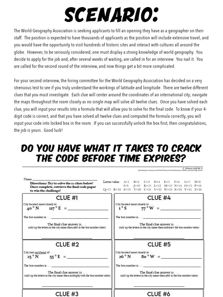 Student Answer Sheets Lat Long Escape Room | PDF
