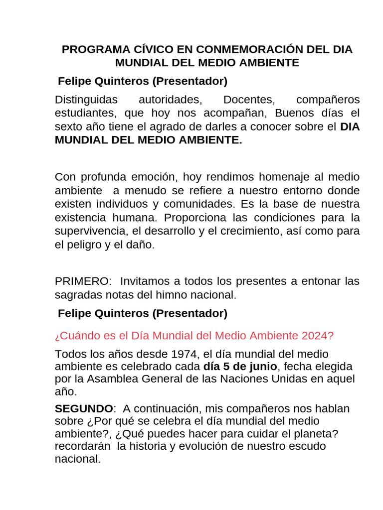 Minuto Civico Sobre El Día Mundial Del Medio Ambiente | PDF