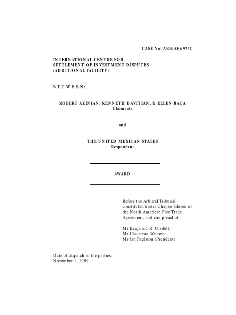Azinian v. Mexico: NAFTA Arbitration Award | PDF | North American Free ...
