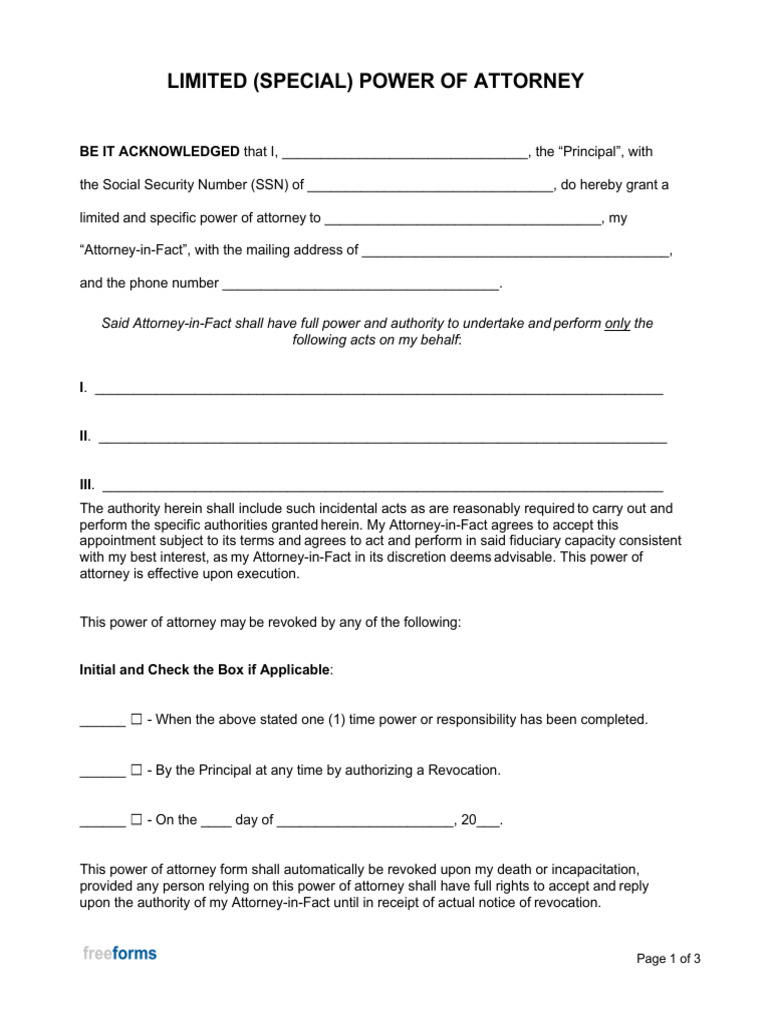 Limited Special Power of Attorney Form | PDF