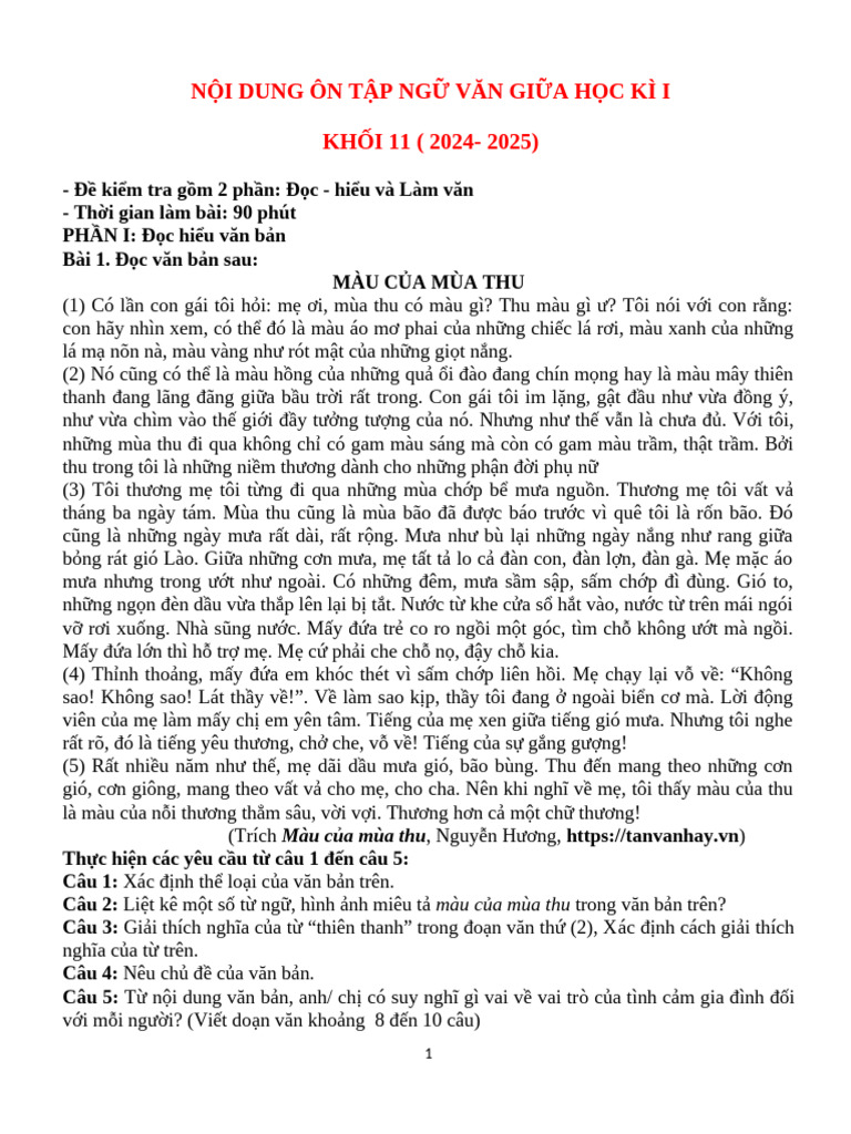 ND ÔN TẬP GIỮA HỌC KÌ I -K11 (24-25) | PDF