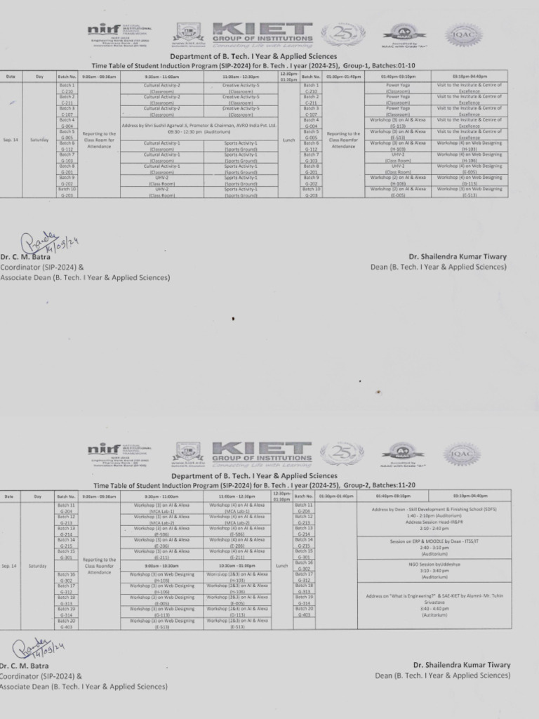 SIP Time Table For 14th Sept. 2024 | PDF