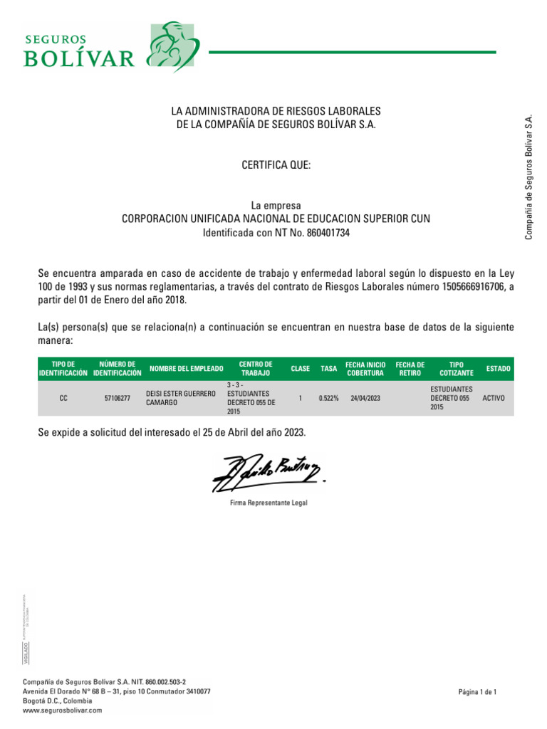 Certificado ARL Bolívar CUN 2023 | PDF