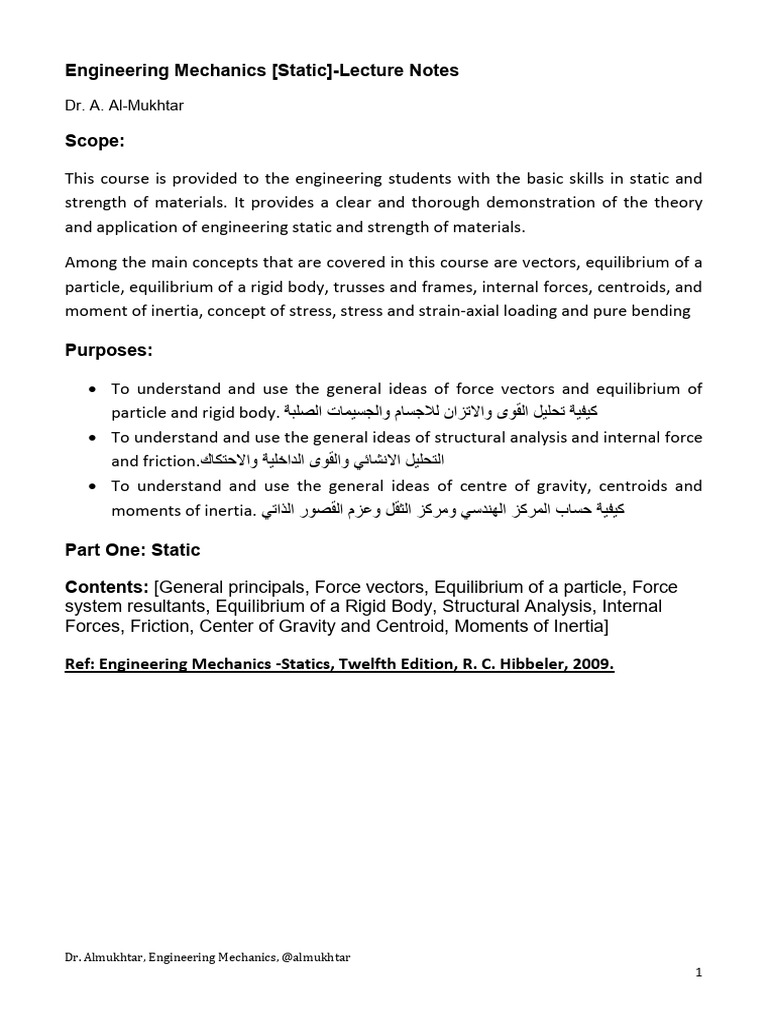 Engineering Mechanics (Static) - Lecture Notes Author A Al Mukhtar | PDF