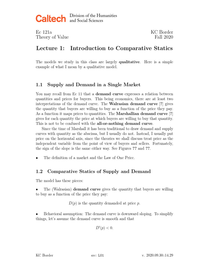 Introduction To Comparative Statics Author KC Border | PDF