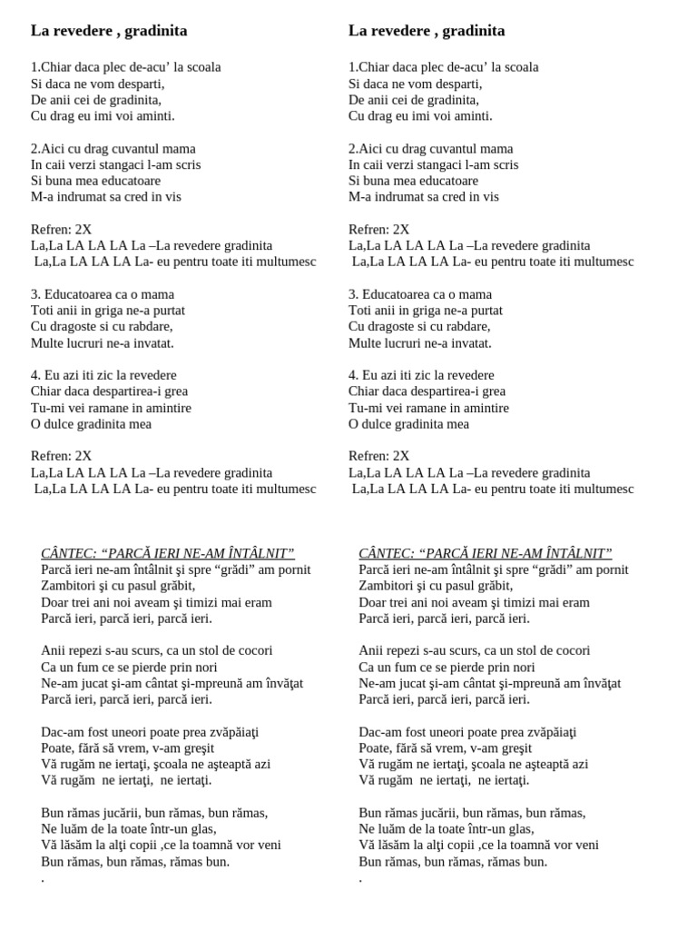 La Revedere Gradinita, Parca Ieri | PDF