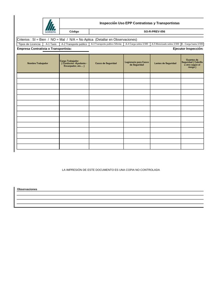 So-R-Prev-056 Inspección Uso Epp Contratistas y Transportistas | PDF