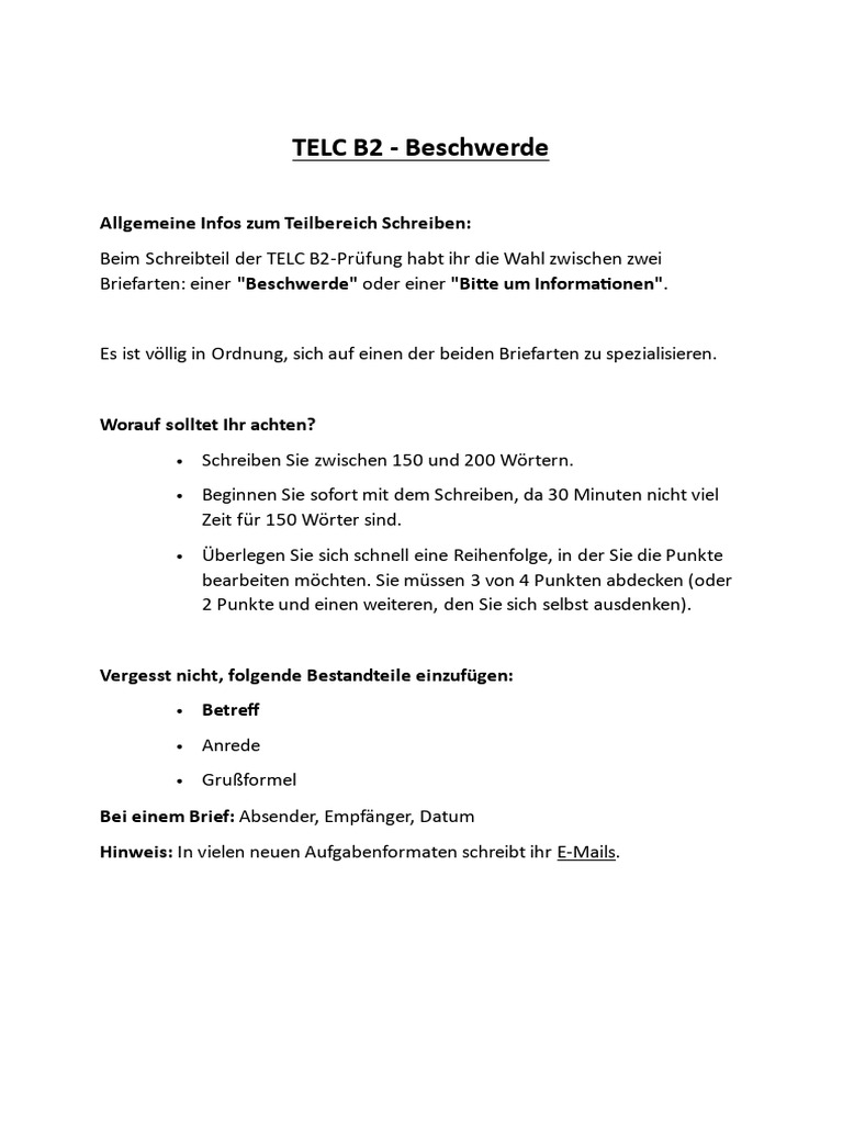 Überischt TELC B2 Beschwerde | PDF