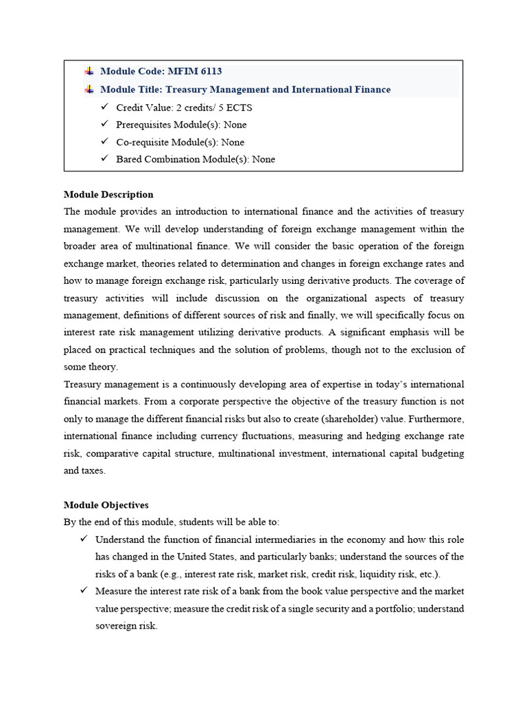 Treasury Mgmt and International Finance Course Outline | PDF