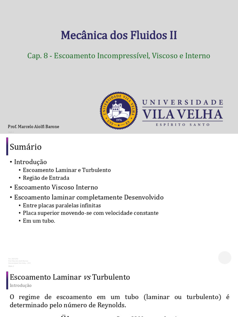 Mecânica Dos Fluidos II - 03 - 2024 - 02 - Cap. 08 - Escoamento Incompressível, Viscoso e ...