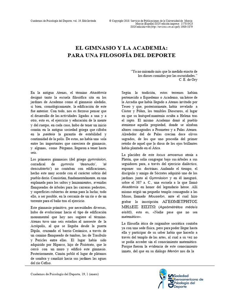 El Gimnasio Y La Academia: para Una Filosofía Del Deporte | PDF