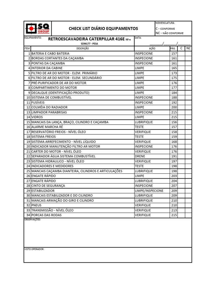 Check List Diário CAT 416E | PDF