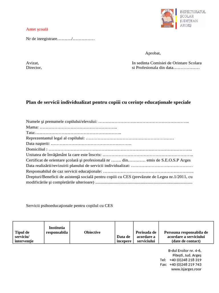Plan de Servicii Individualizat Pentru Copiii Cu Cerinţe Educaţionale ...