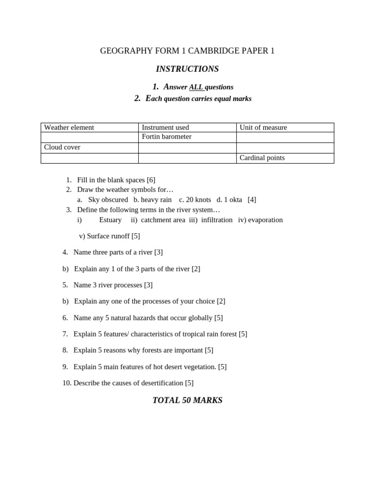 Geography Form 1 Cambridge Paper 1 | PDF