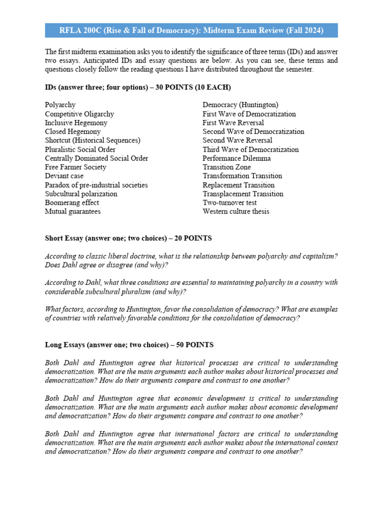 Midterm Exam Review F24 DRAFT | PDF | Democratization | Democracy