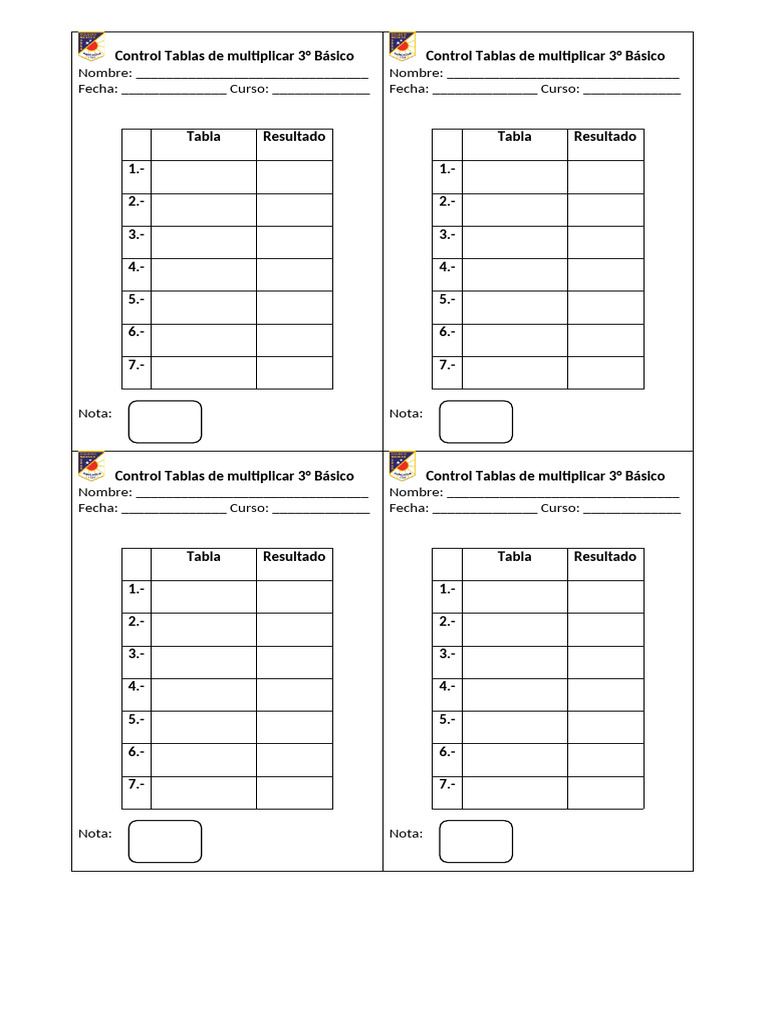 Control Tablas de Multiplicar | PDF