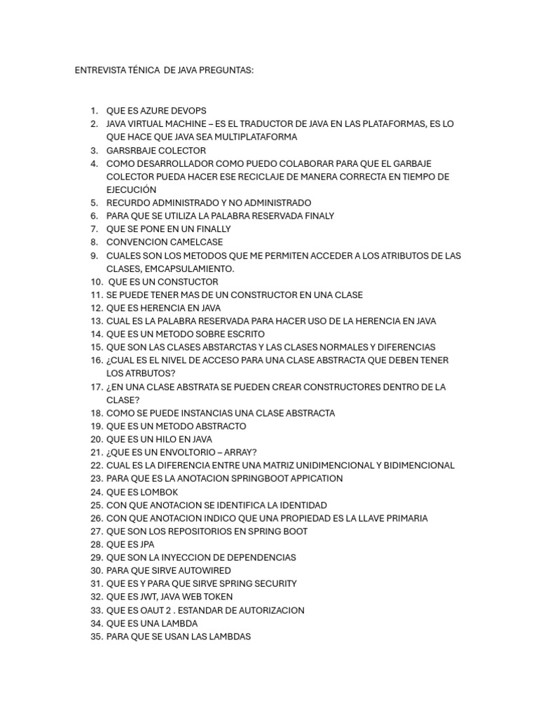 Entrevista Ténica de Java Preguntas | PDF