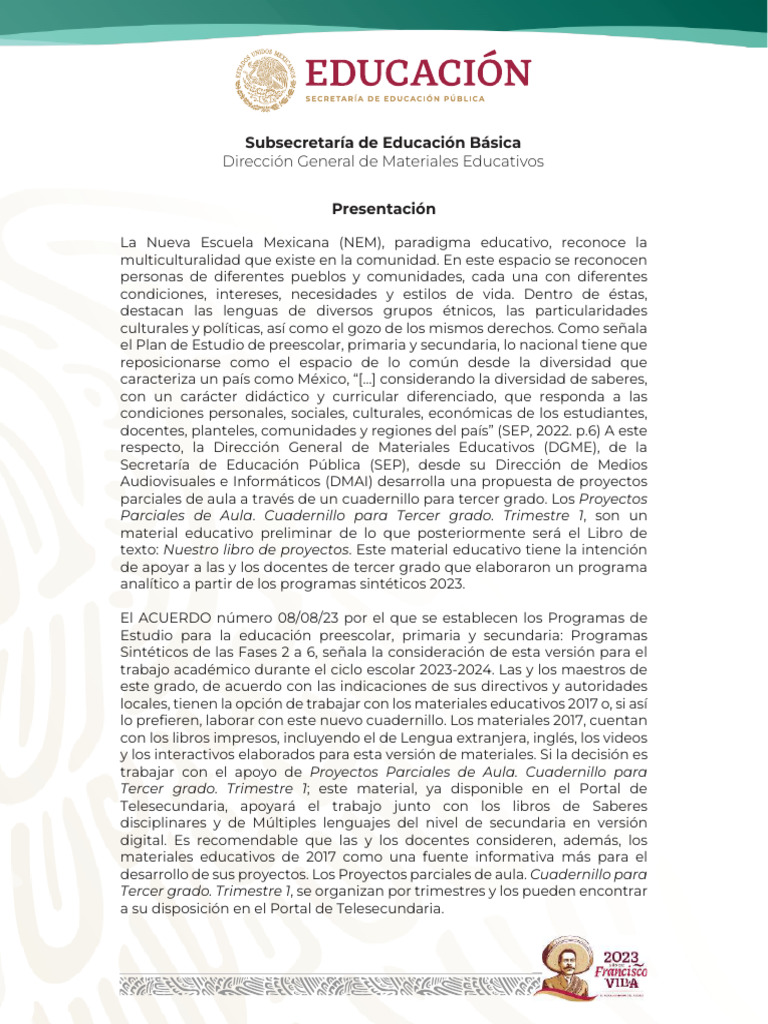 Cuadernillo de Proyectos Parte 1 Tercer Grado | PDF