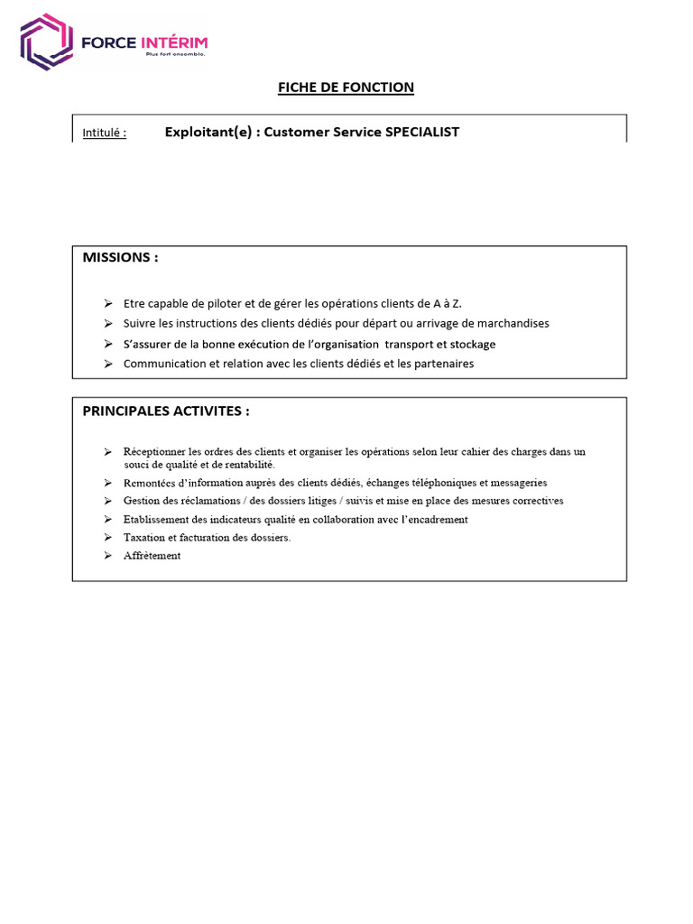 Fiche de Poste Exploitant | PDF