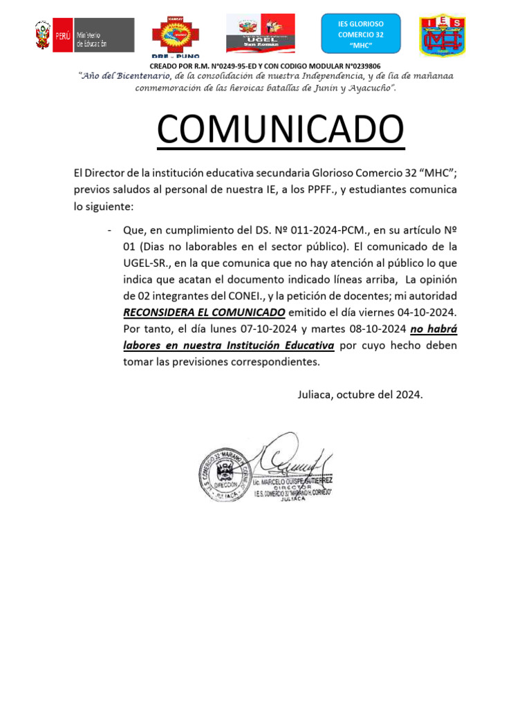 Comunicado Feriados 07 08 Octubre 2024xxxxxxx | PDF
