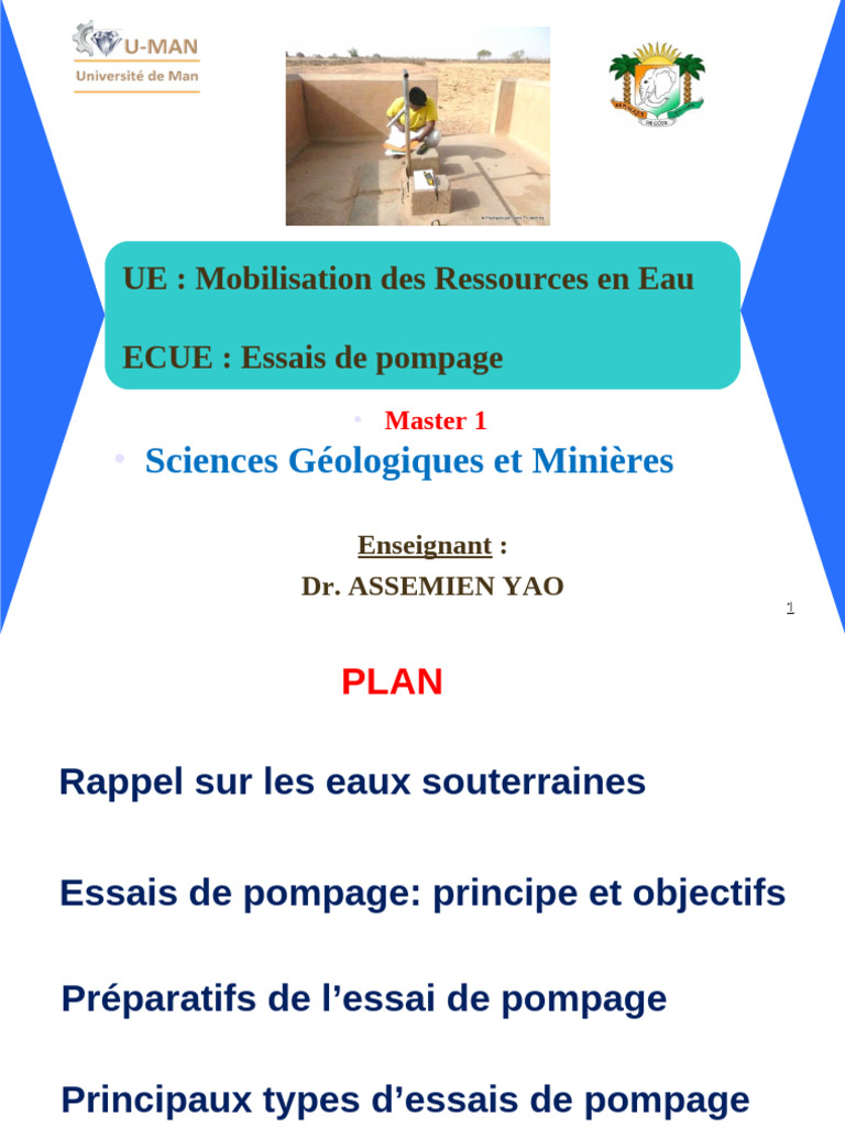 COURS - M1 SGM-UMAN - ECUE-Essai de Pompage 2023 | PDF | Forage | Eau souterraine