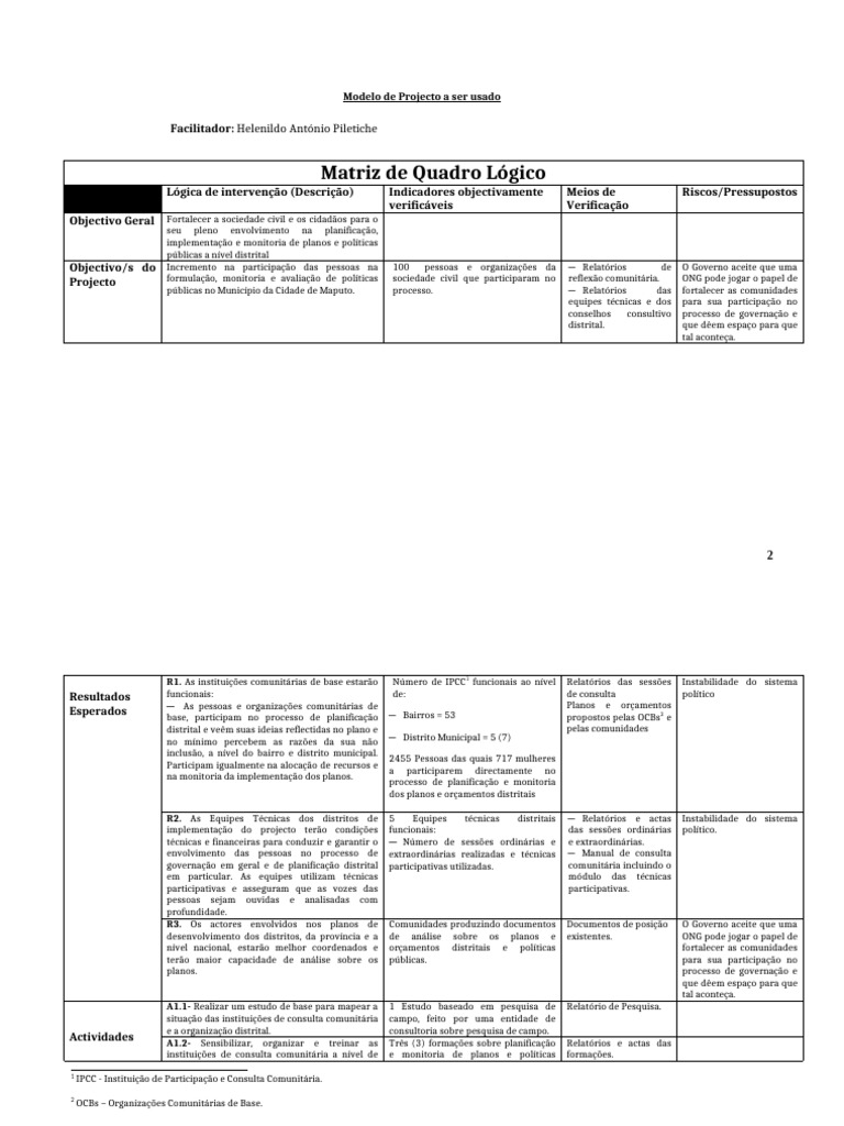 Matriz de Quadro Lógico 1 - 2023 | PDF