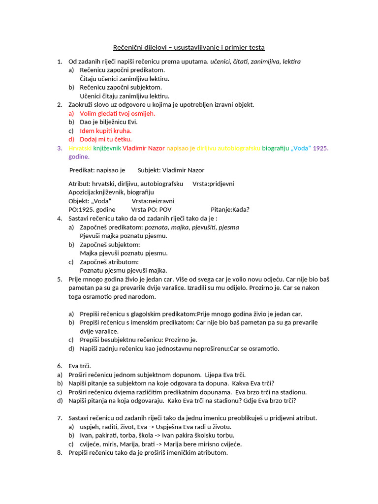 Rečenični Dijelovi Zadatci | PDF