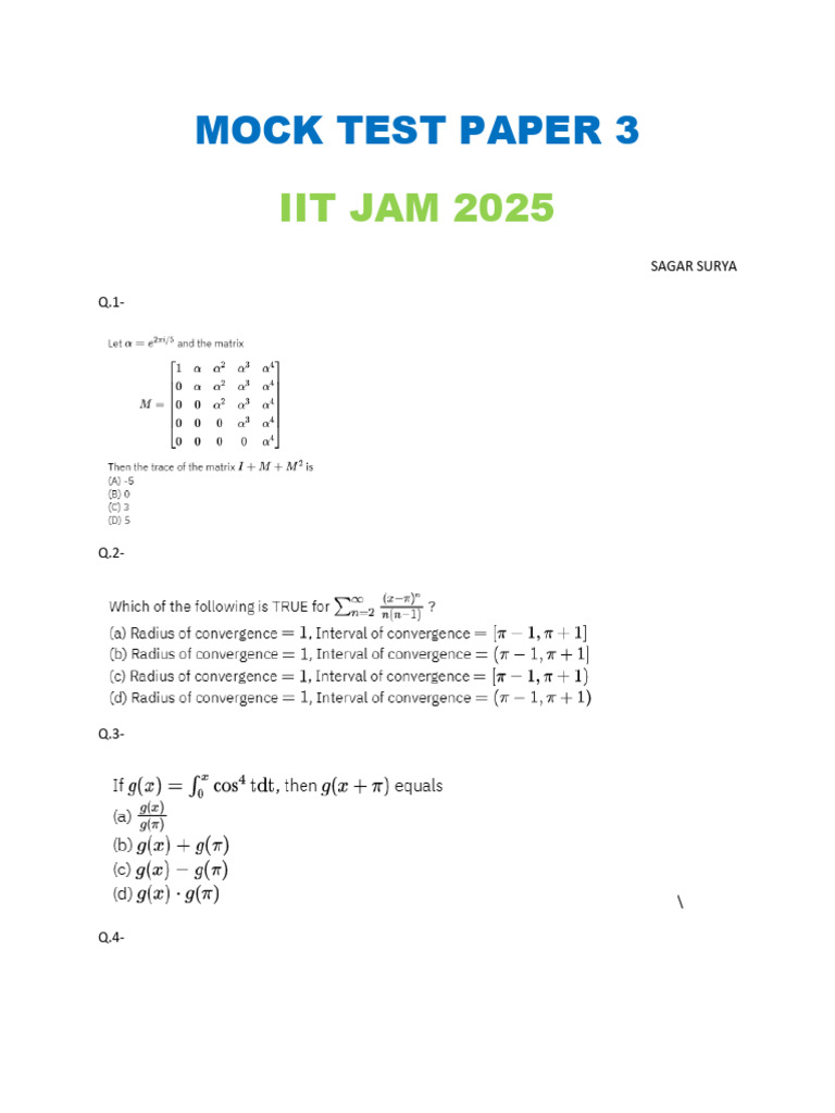 Mock Test Paper 3 - IIT JAM 2025 PDF | PDF | Teaching Methods & Materials