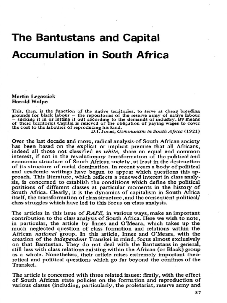 The Bantustans and Capital Accumulation in South Africa - ScienceOpen | PDF