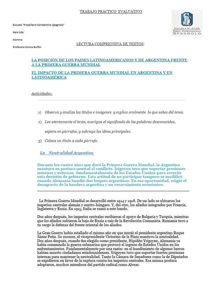 Trab. Práctico La Posición de Los Paises Latinoamericanos y de Argentina Frente A La Primera ...