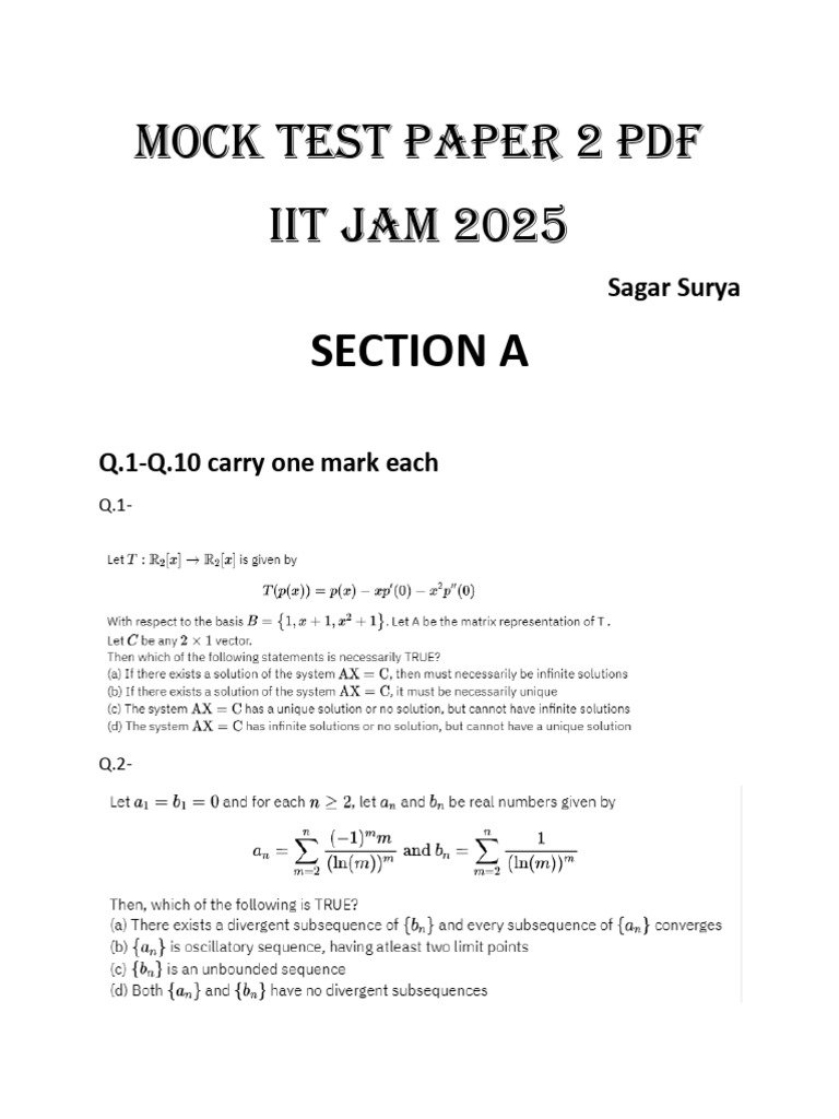 Mock Test Paper 2 PDF - IIT JAM 2025 - 240915 - 211055 | PDF