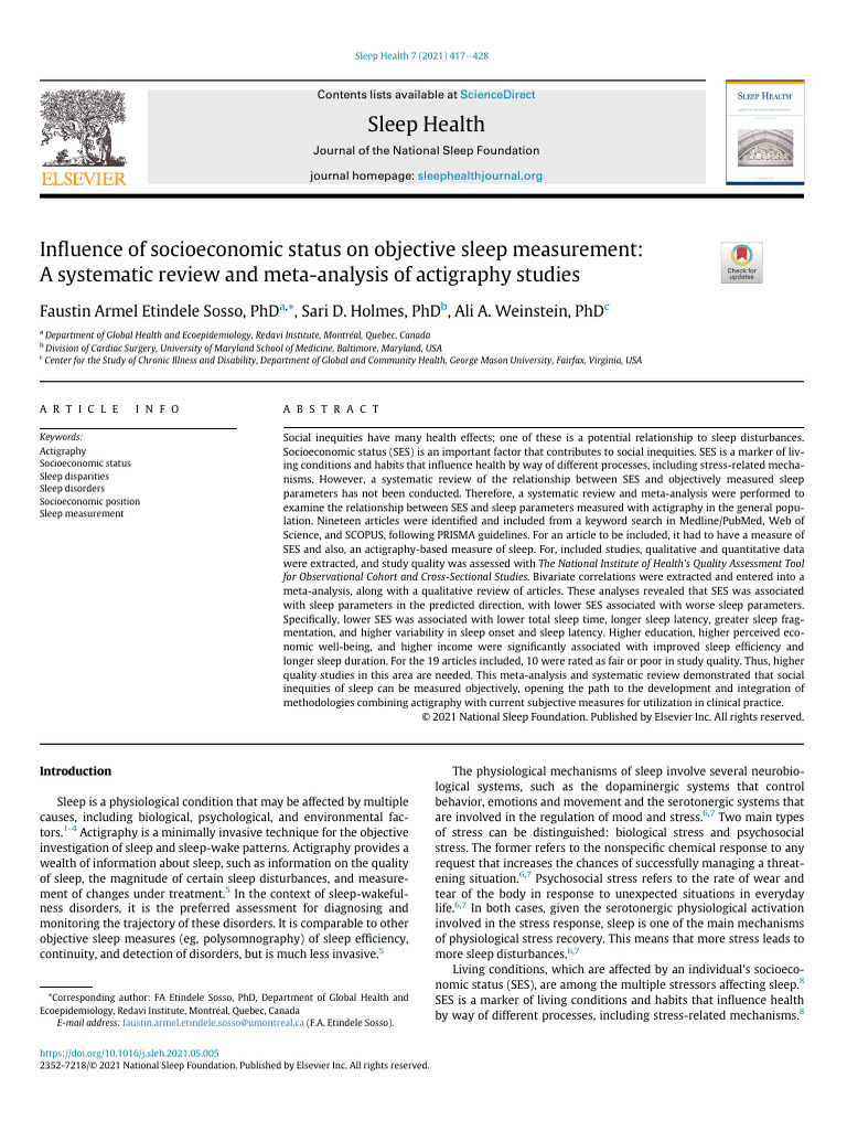 Influence of Socioeconomic Status On Objective Sleep Measurement | PDF