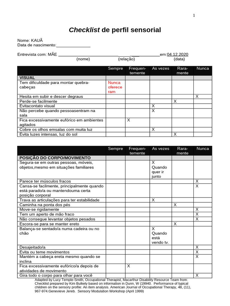Checklist Perfil Sensorial | PDF